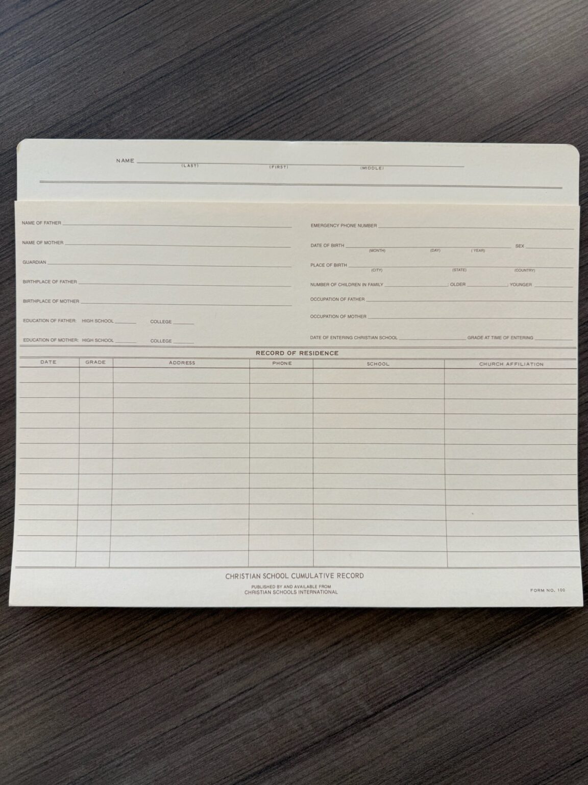 Cumulative Record Folders, Form 100
